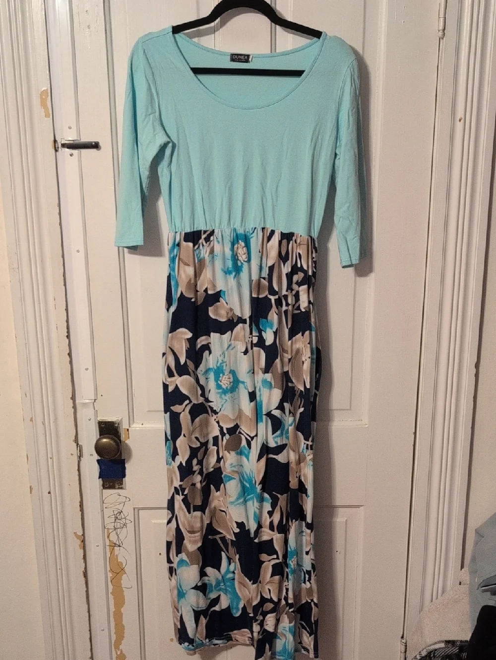Dunea | Dresses | Floral Scoopneck Maxi Dress In Aqua And Navy | Poshmark
